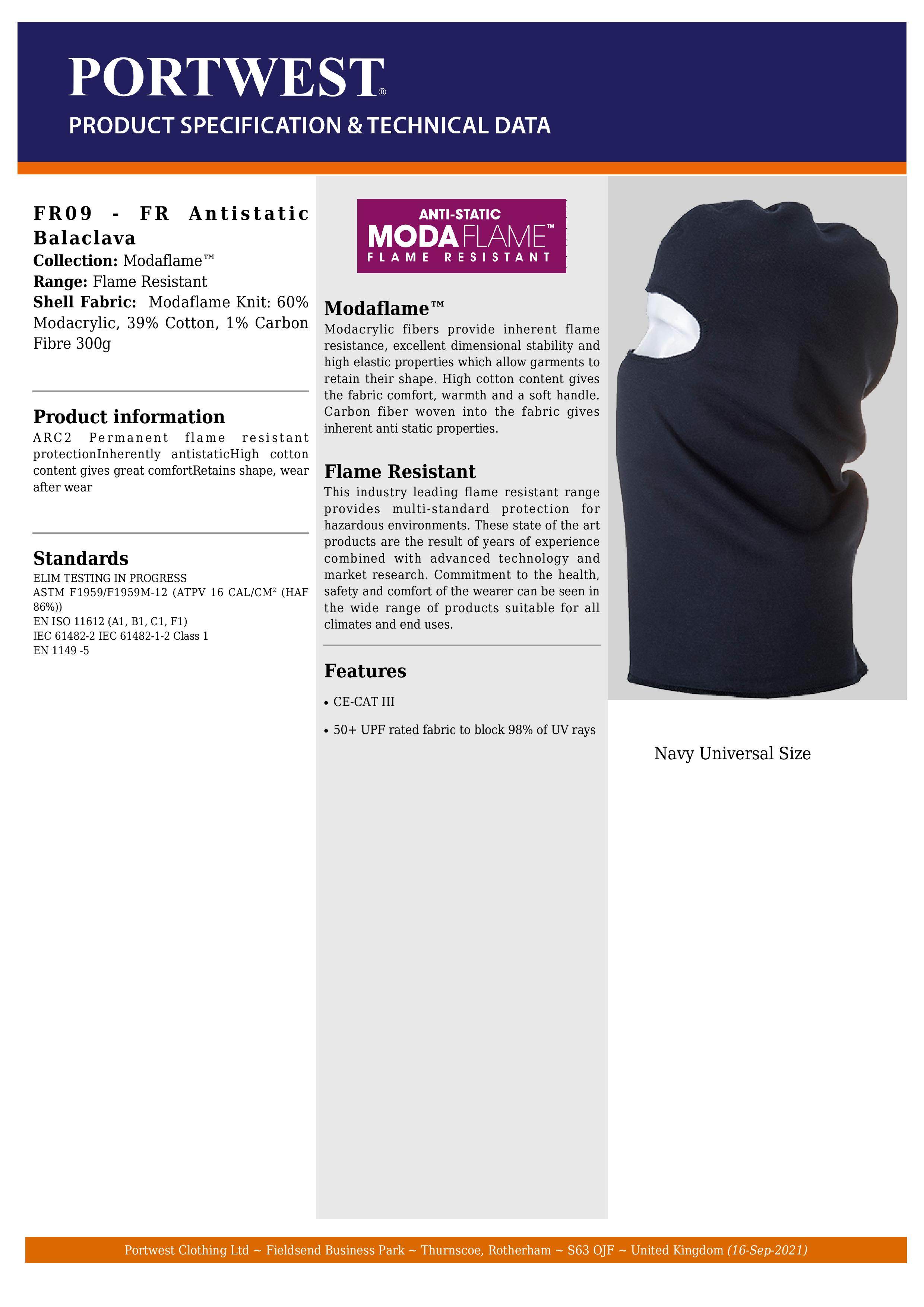 Portwest® Flame Resistant Anti-Static (FRAS) Balaclava - FR09